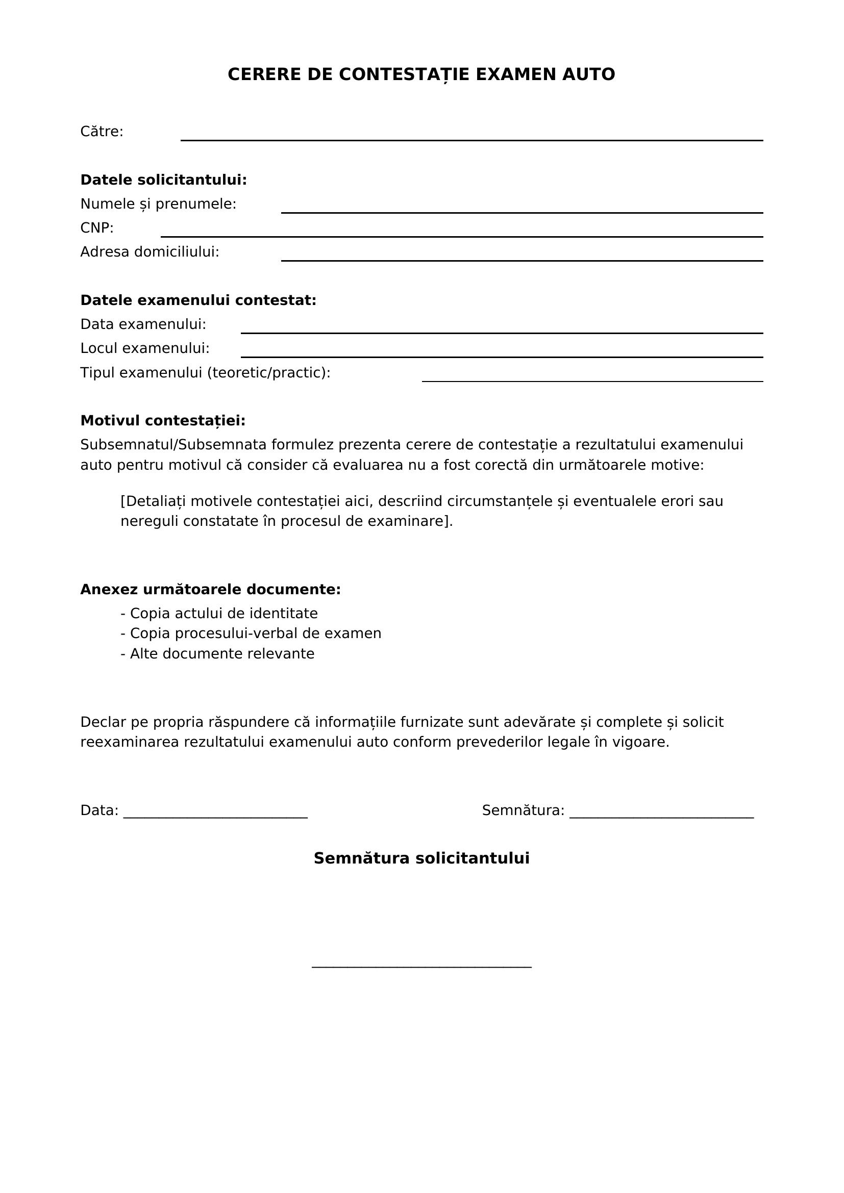 Model Cerere Contestatie Examen Auto