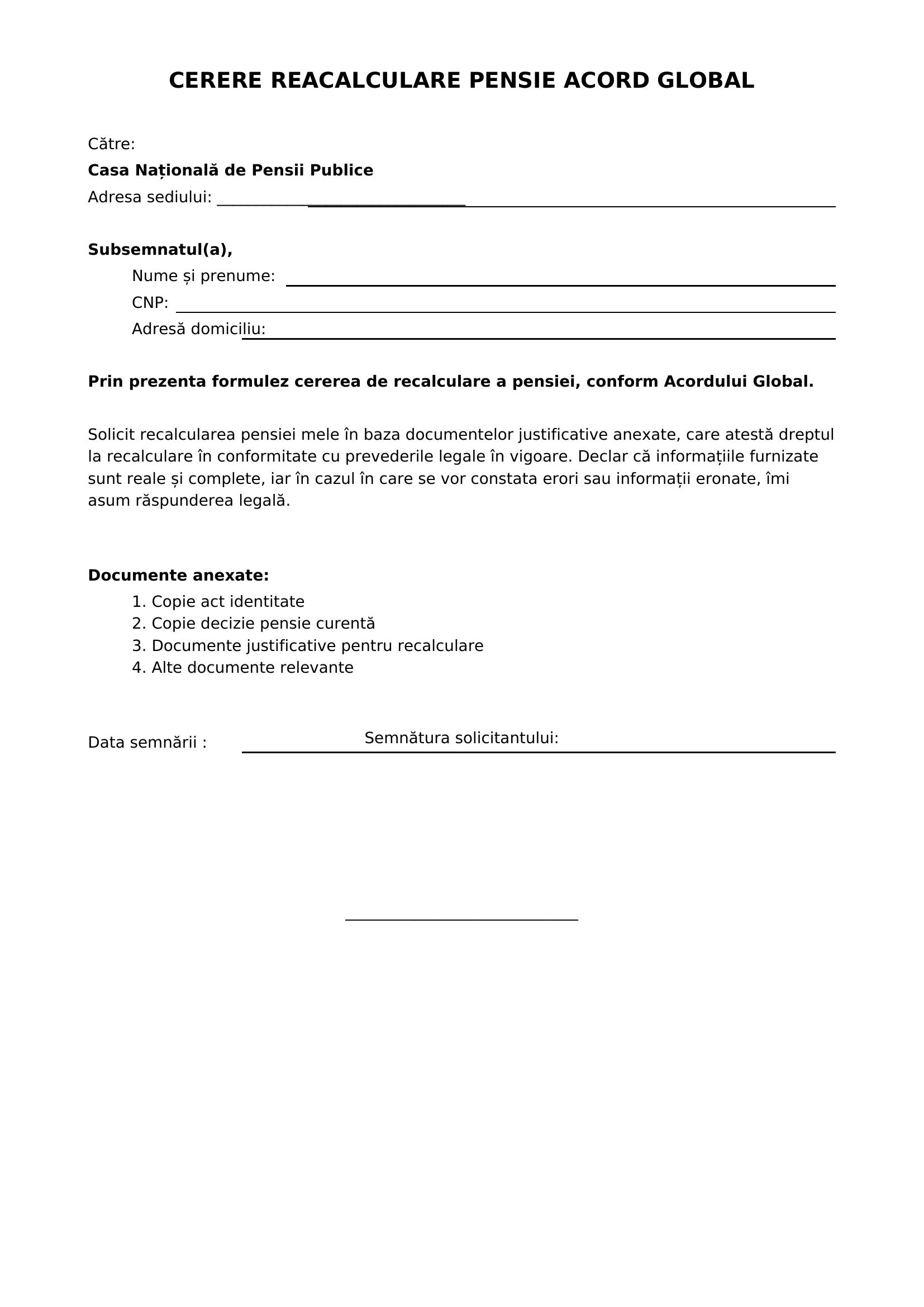 Model Cerere Recalculare Pensie Acord Global